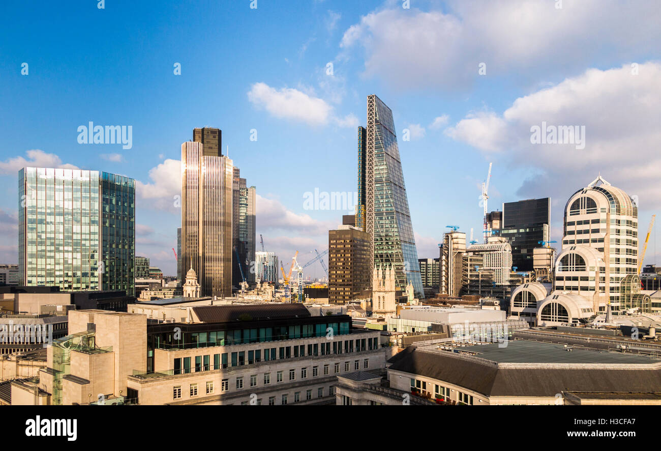 View of iconic modern City of London skyscrapers, Stock Exchange Tower ...