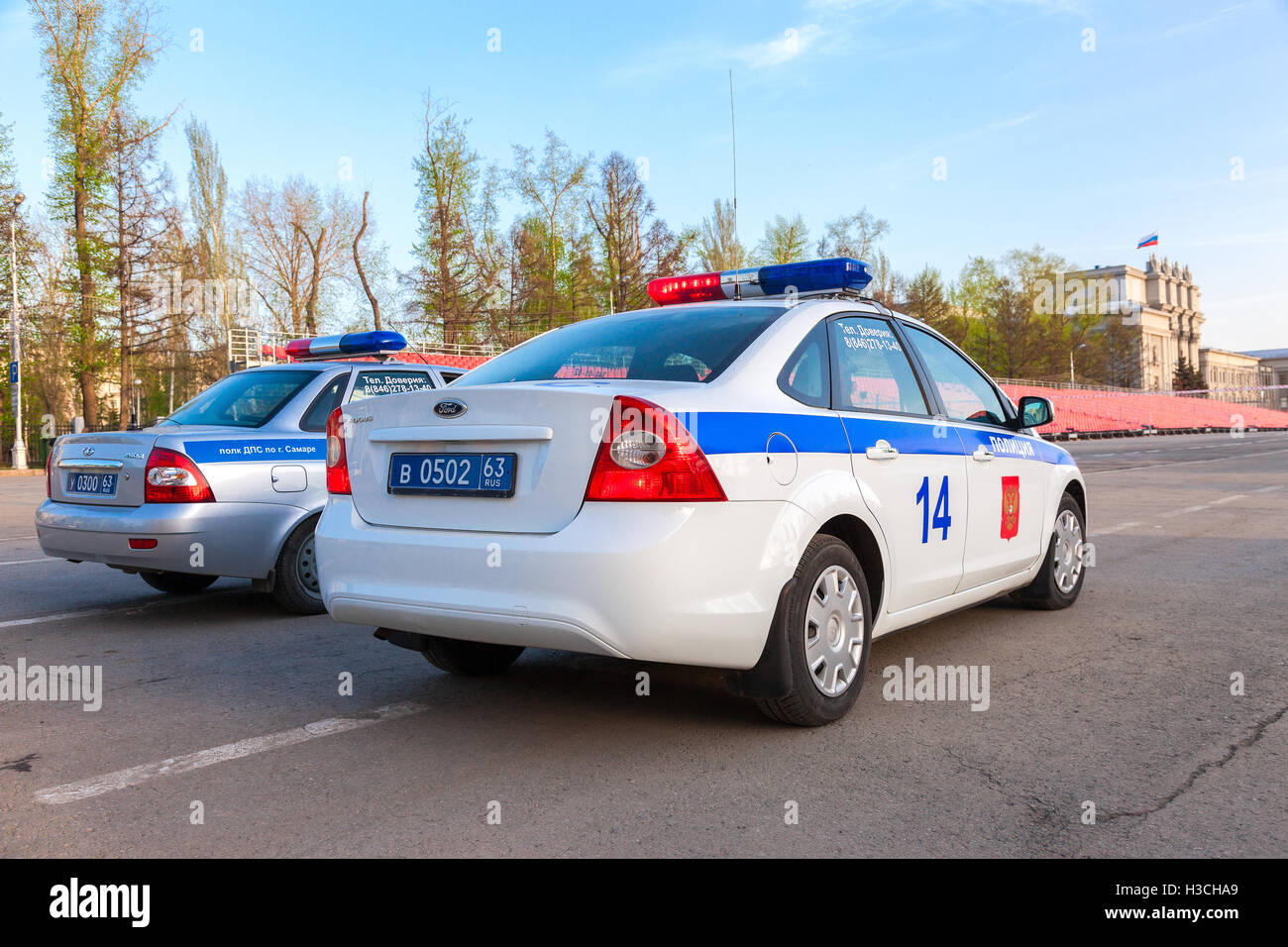 Russian police patrol cars of the State Automobile Inspectorate parked ...