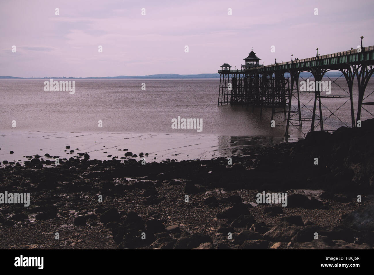 View of the seafront at Clevedon, England. Including the pier. Vintage ...