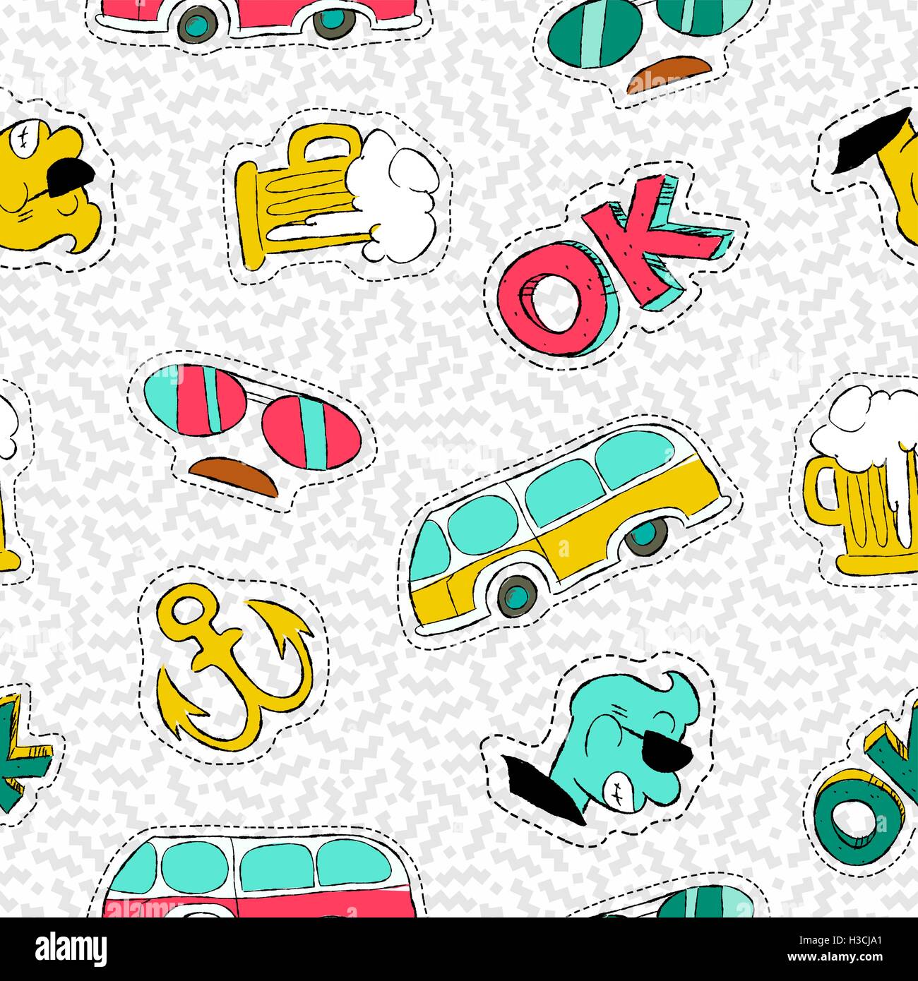 Retro hand drawn seamless summer pattern with 90s style patch icons ...
