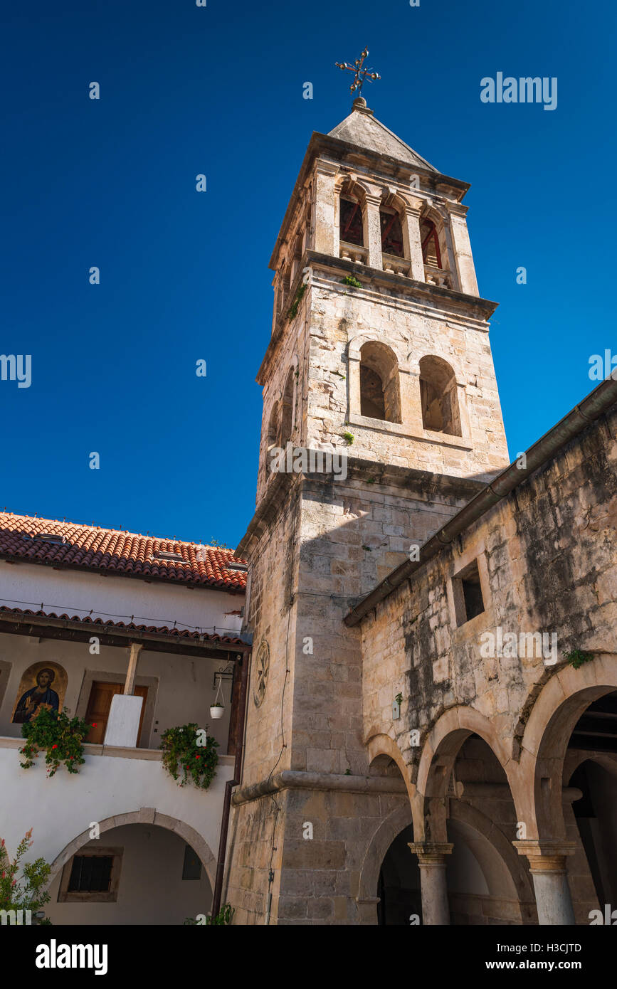 The abbey bell tower and courtyard, Krka Monastery, Krka National Park ...