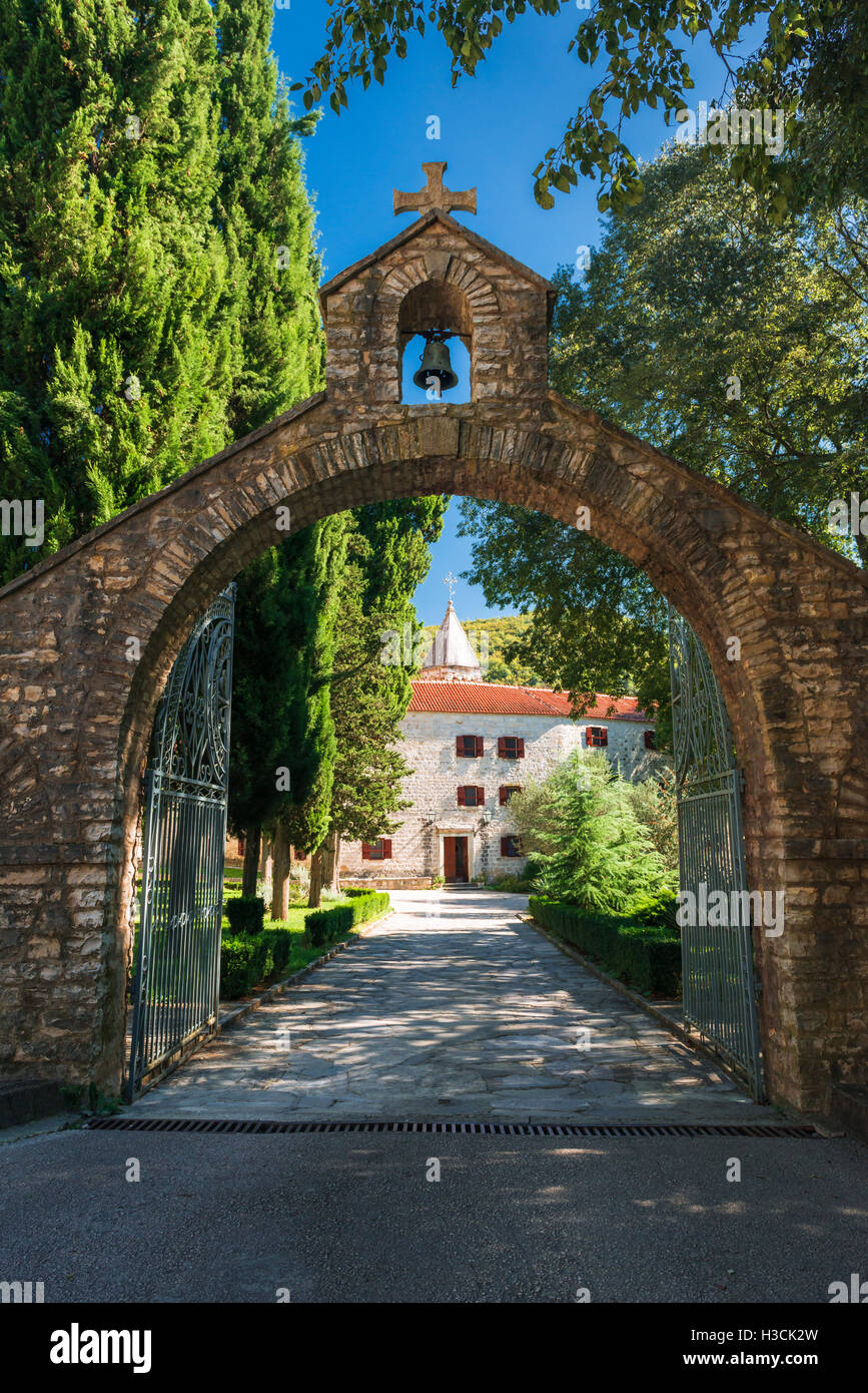 The entrance to Krka Monastery, Krka National Park, Dalmatia, Croatia ...