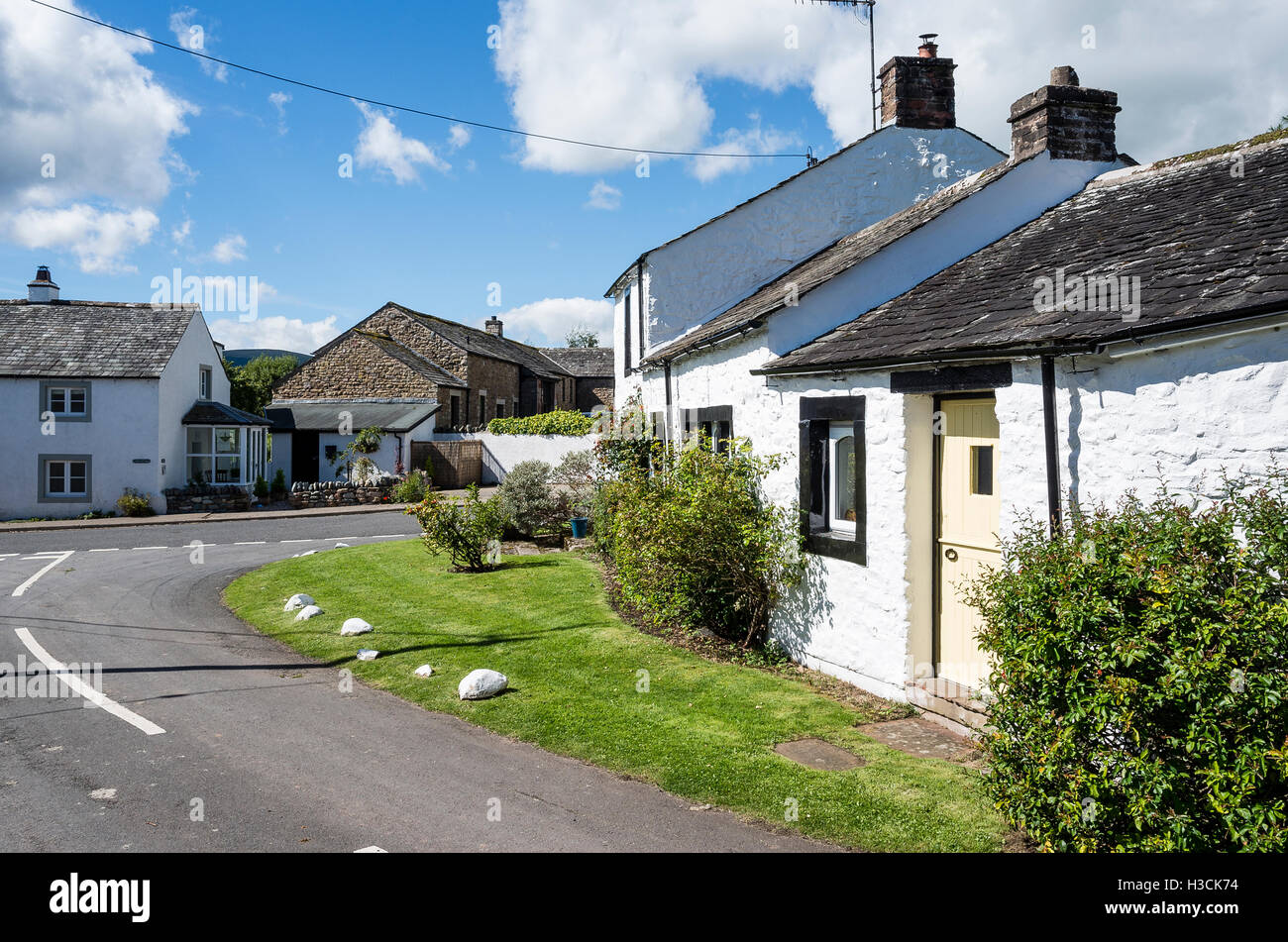 White walled cottages in Cumbrian village called Dacre UK Stock Photo ...