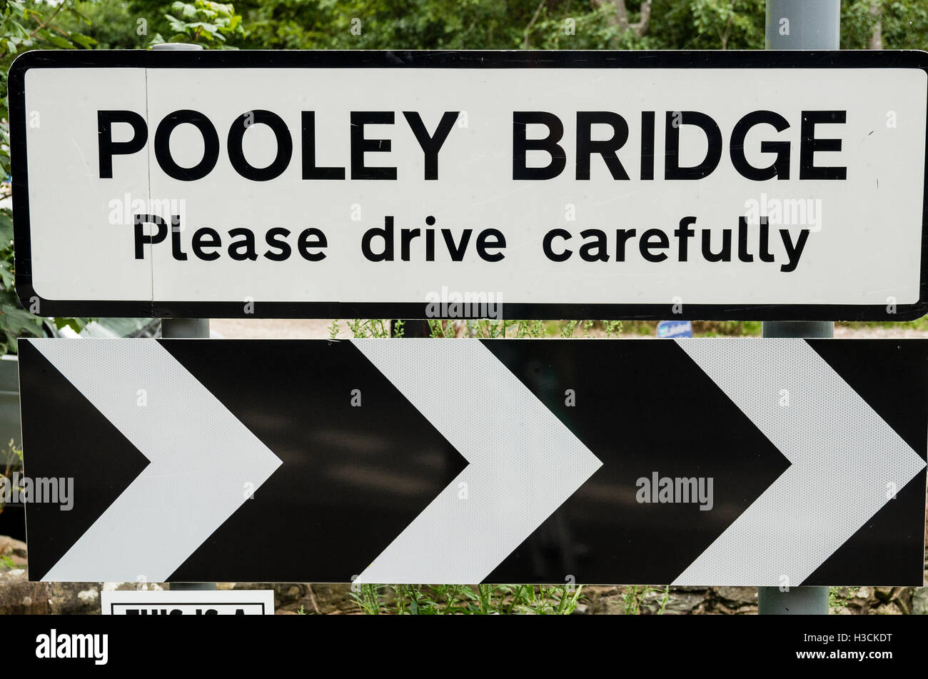 Road sign warning motorists on entry into POOLEY BRIDGE in the English ...