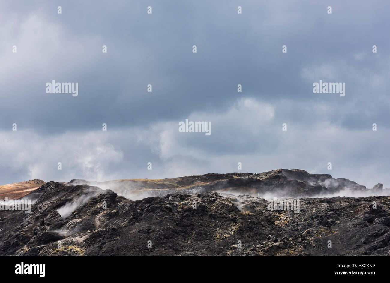 Geothermal landscape Krafla on Iceland with black ground, lava and ...