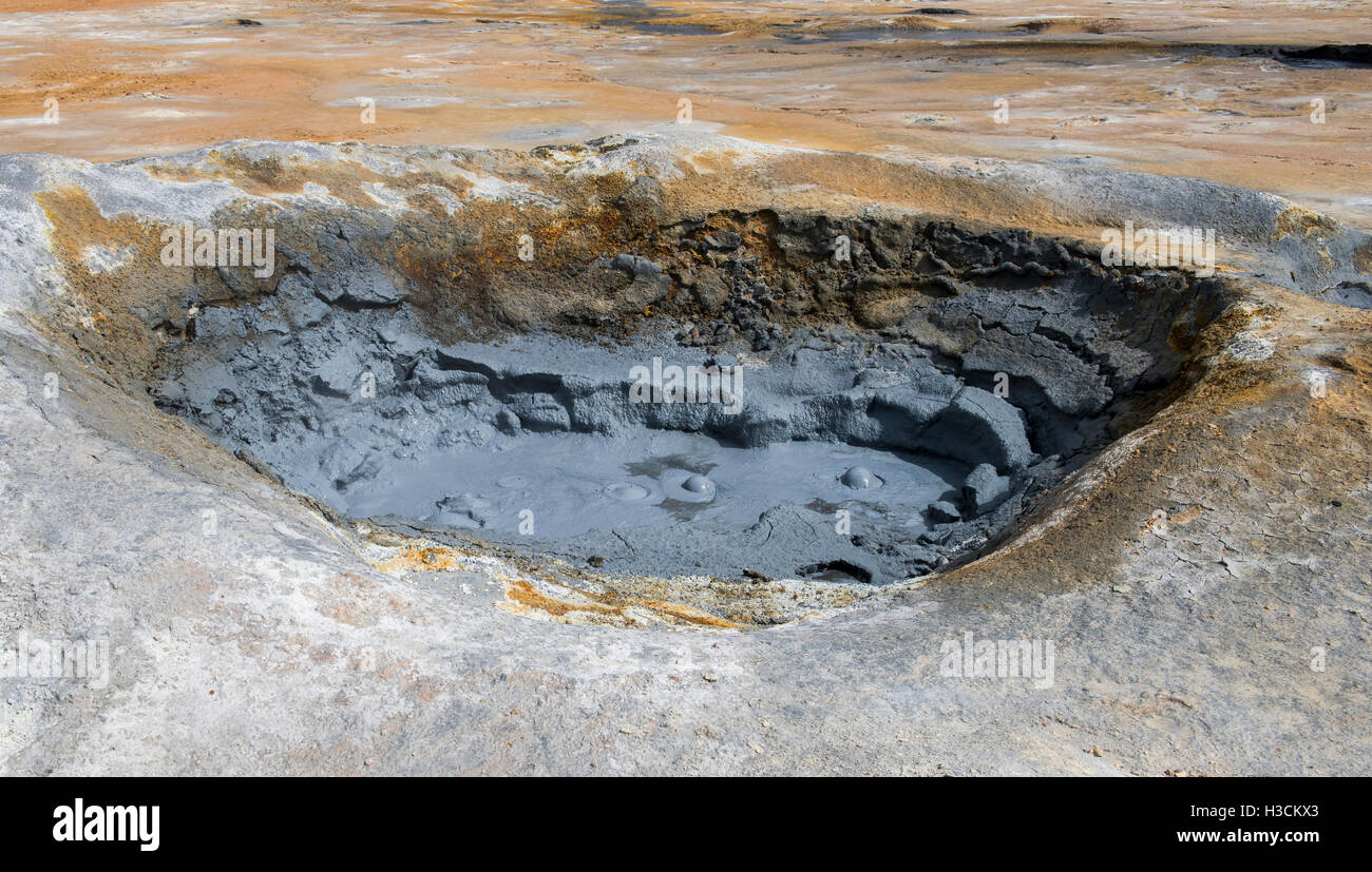 Geothermal landscape Hverarond on Iceland with boiling mud pit with ...