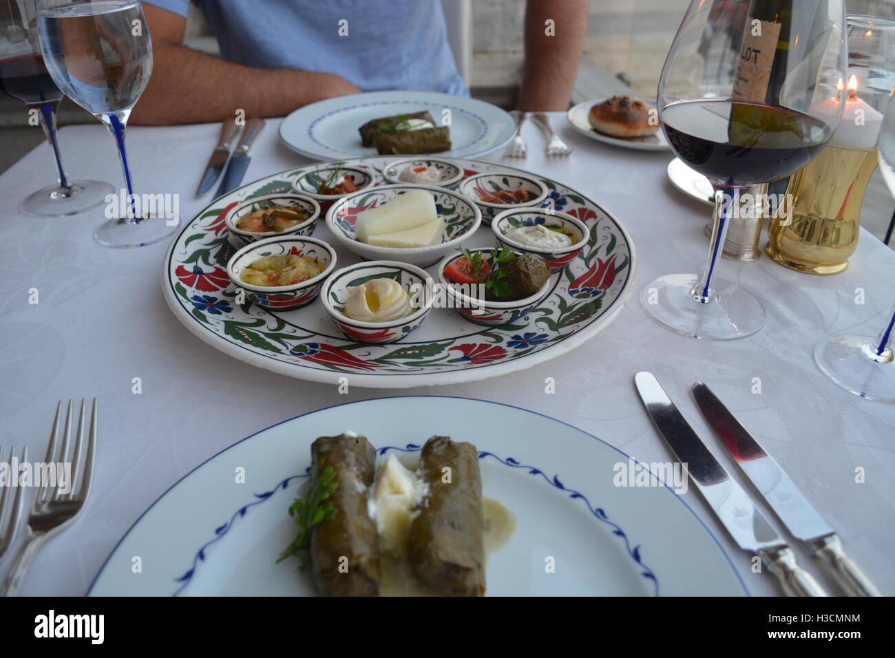 Turkish mezze appetizer and wine at a restaurant in Istanbul Stock ...