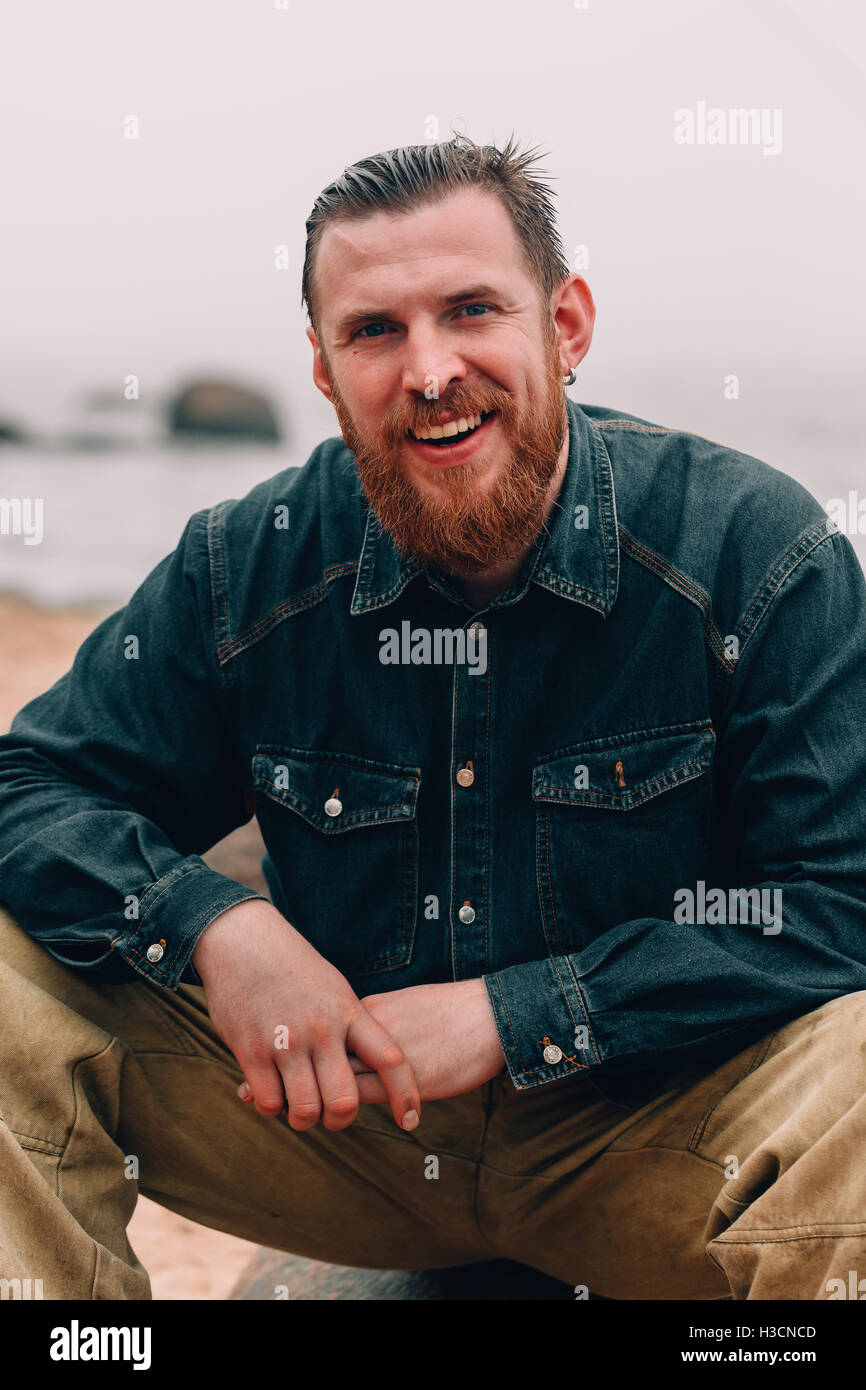 bearded hipster on the beach Stock Photo - Alamy