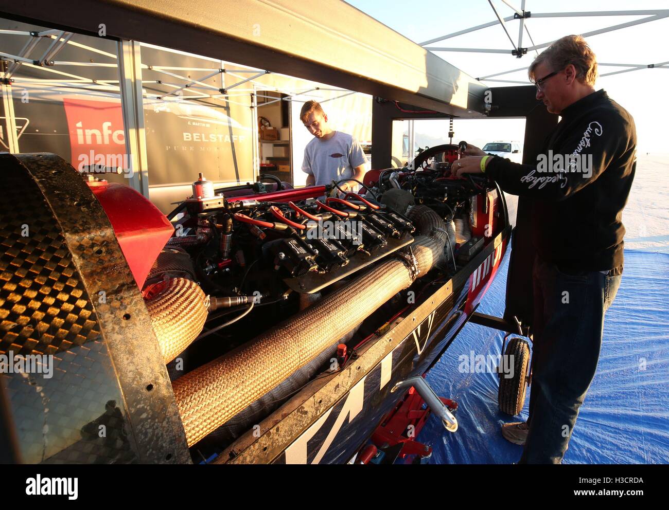Mechanics prepare the 1,000 bhp Triumph Infor Rocket Streamliner before ...