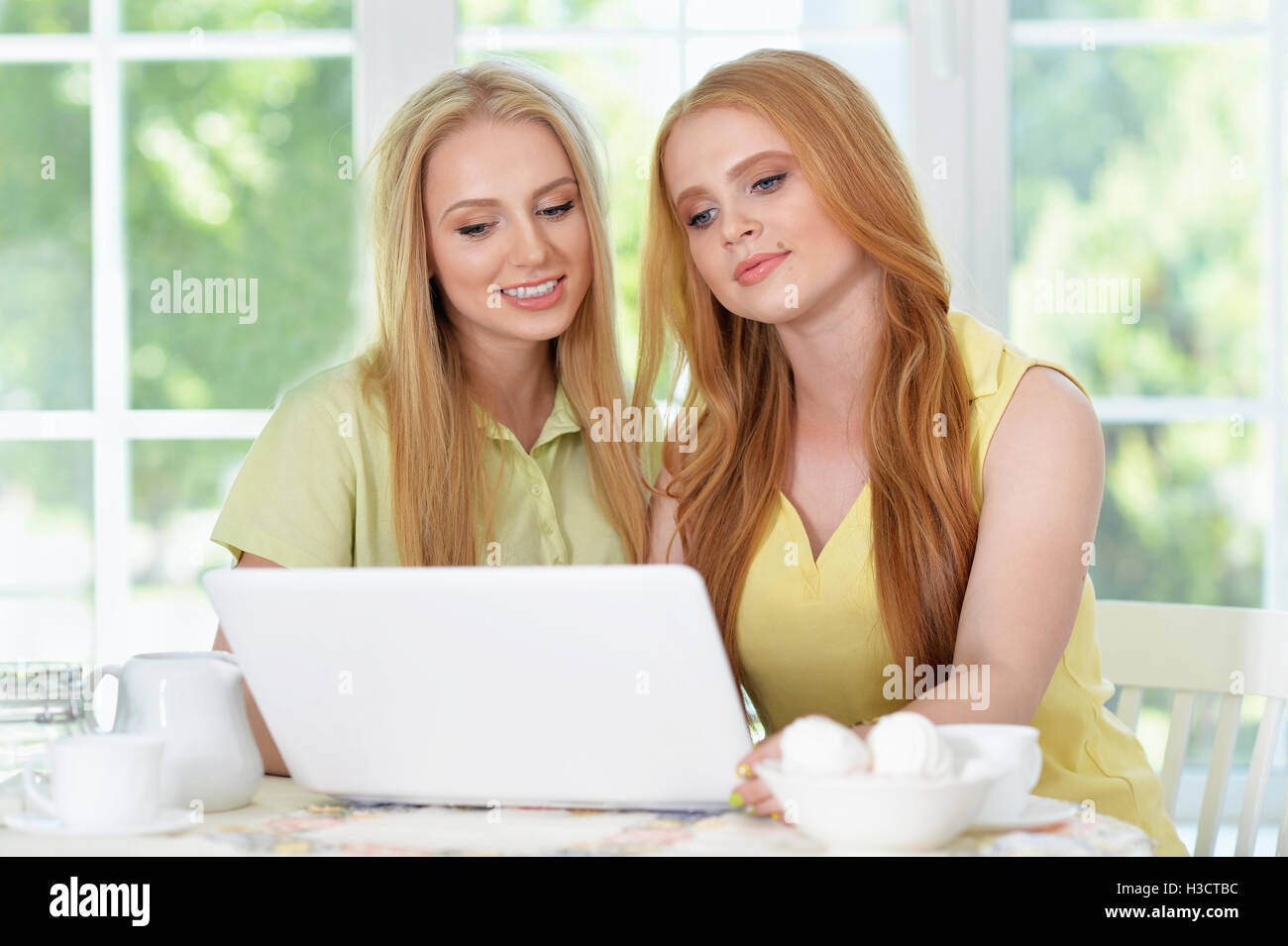 girls drinking tea with laptop Stock Photo - Alamy