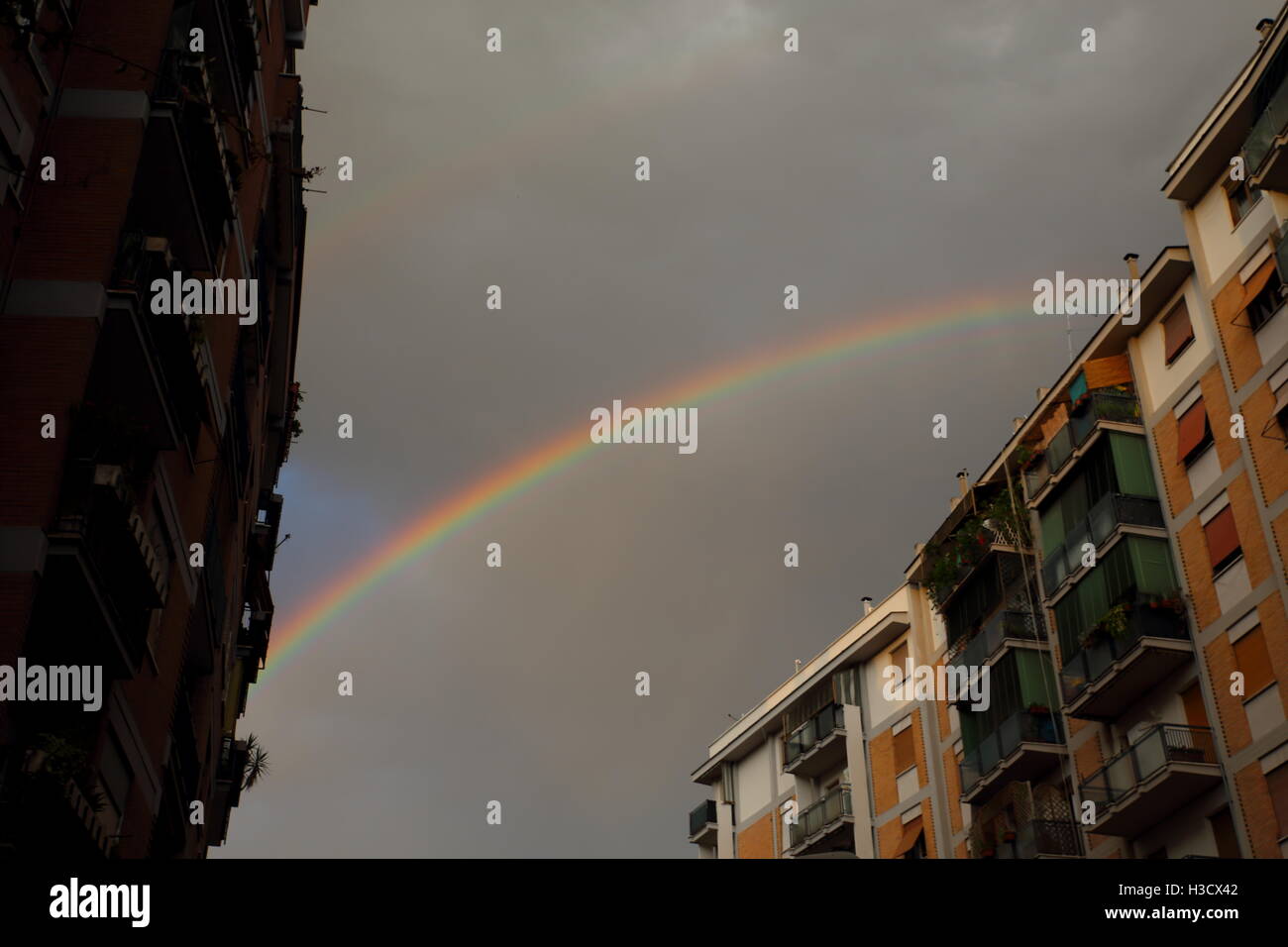 Roma, Italy. 05th Oct, 2016. A rainbow after a storm appears in the ...