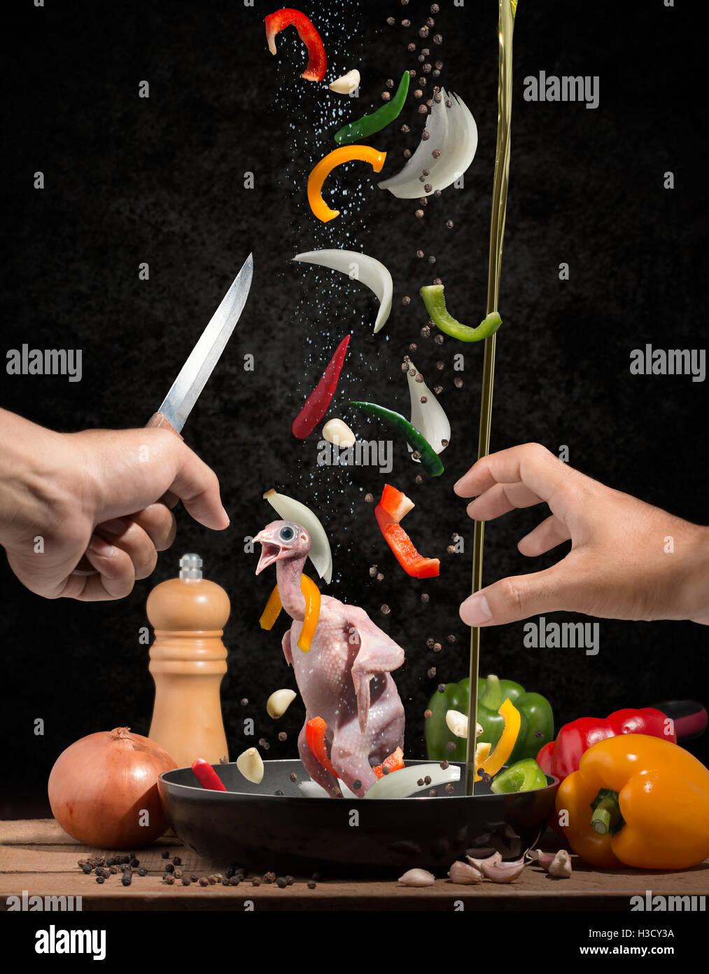 food falling, food flying "Stir Fried quail, partridge with Black ...