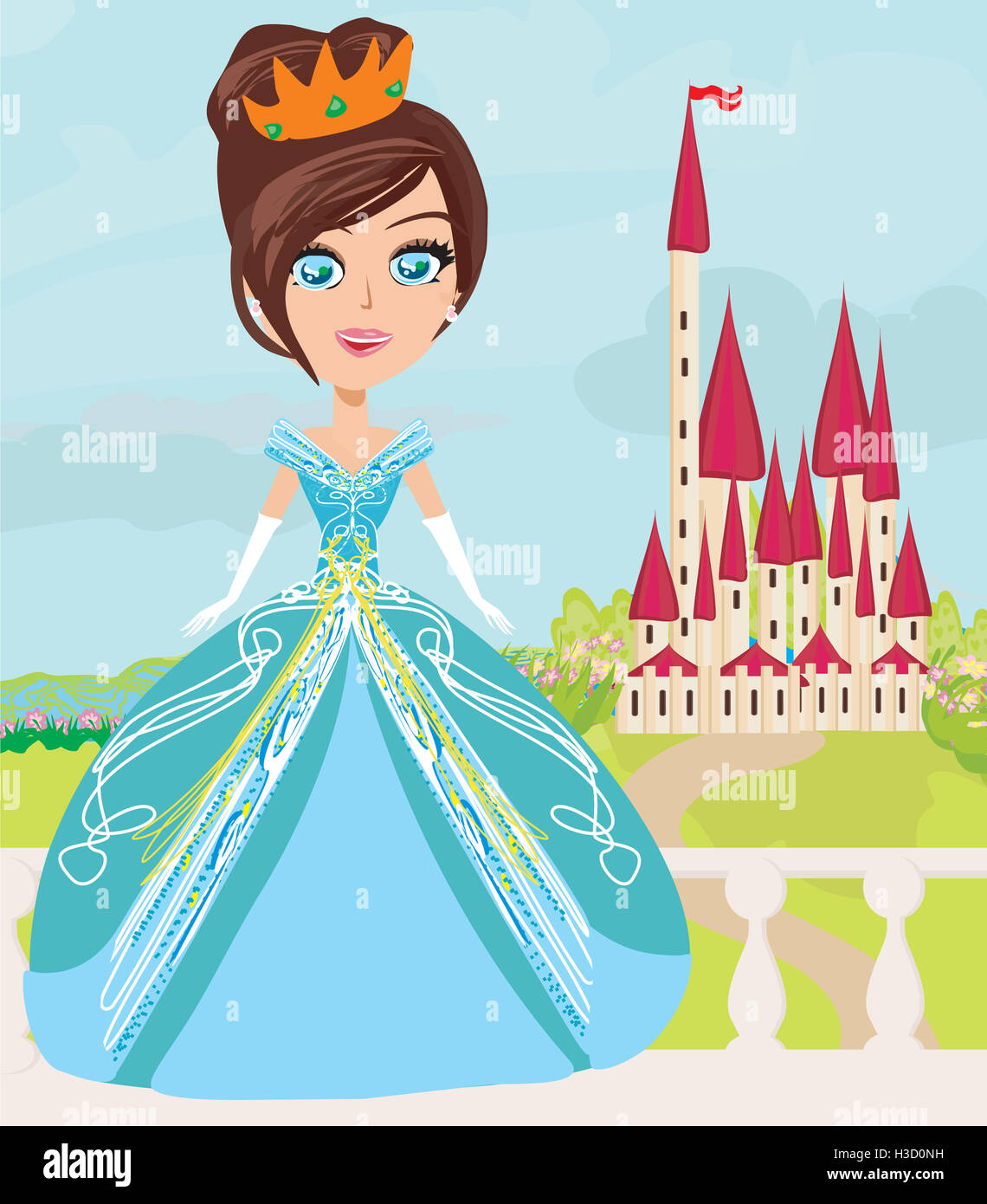 Illustration of cute little princess and a beautiful castle Stock Photo ...