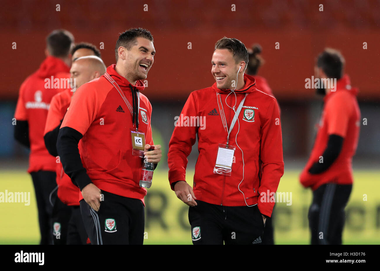 Wales' Sam Vokes (left) and Chris Gunter on the pitch ahead of the ...