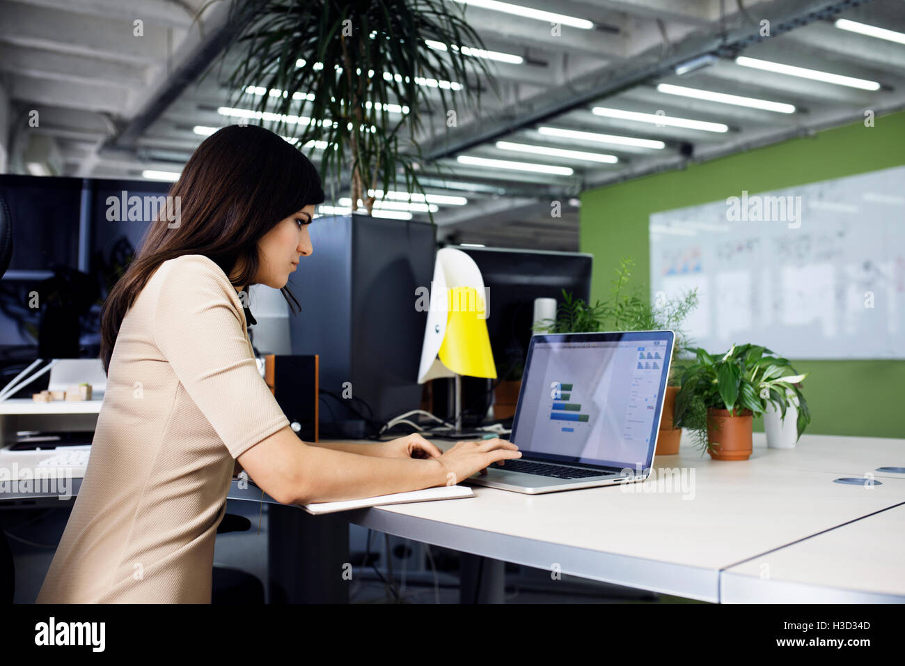 Side view of businesswoman using laptop at desk in creative office ...