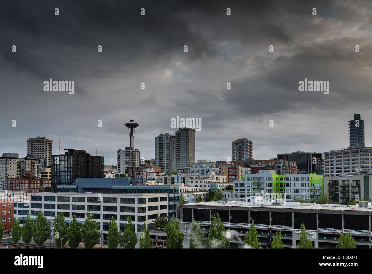 The skyline of Seattle on a cloudy day with the Space Needle Stock ...