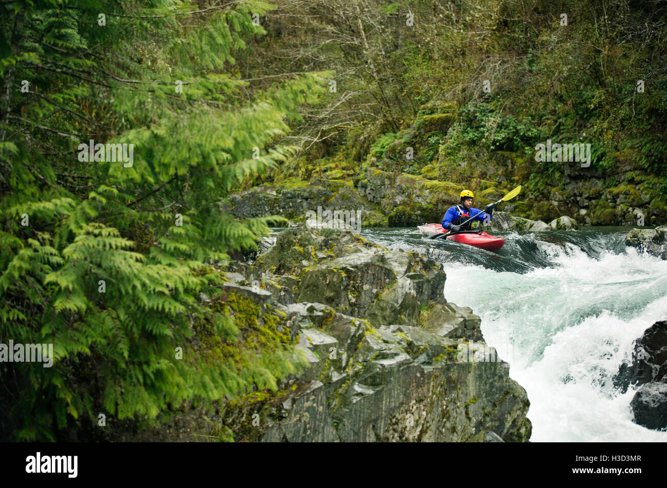 Man kayaking through waterfall in forest Stock Photo - Alamy