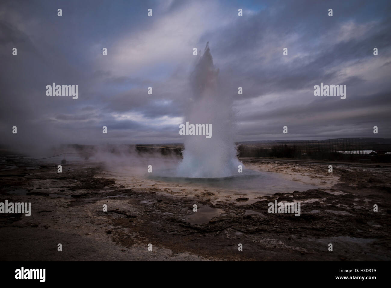 Geyser erupting hot spring against cloudy sky Stock Photo - Alamy