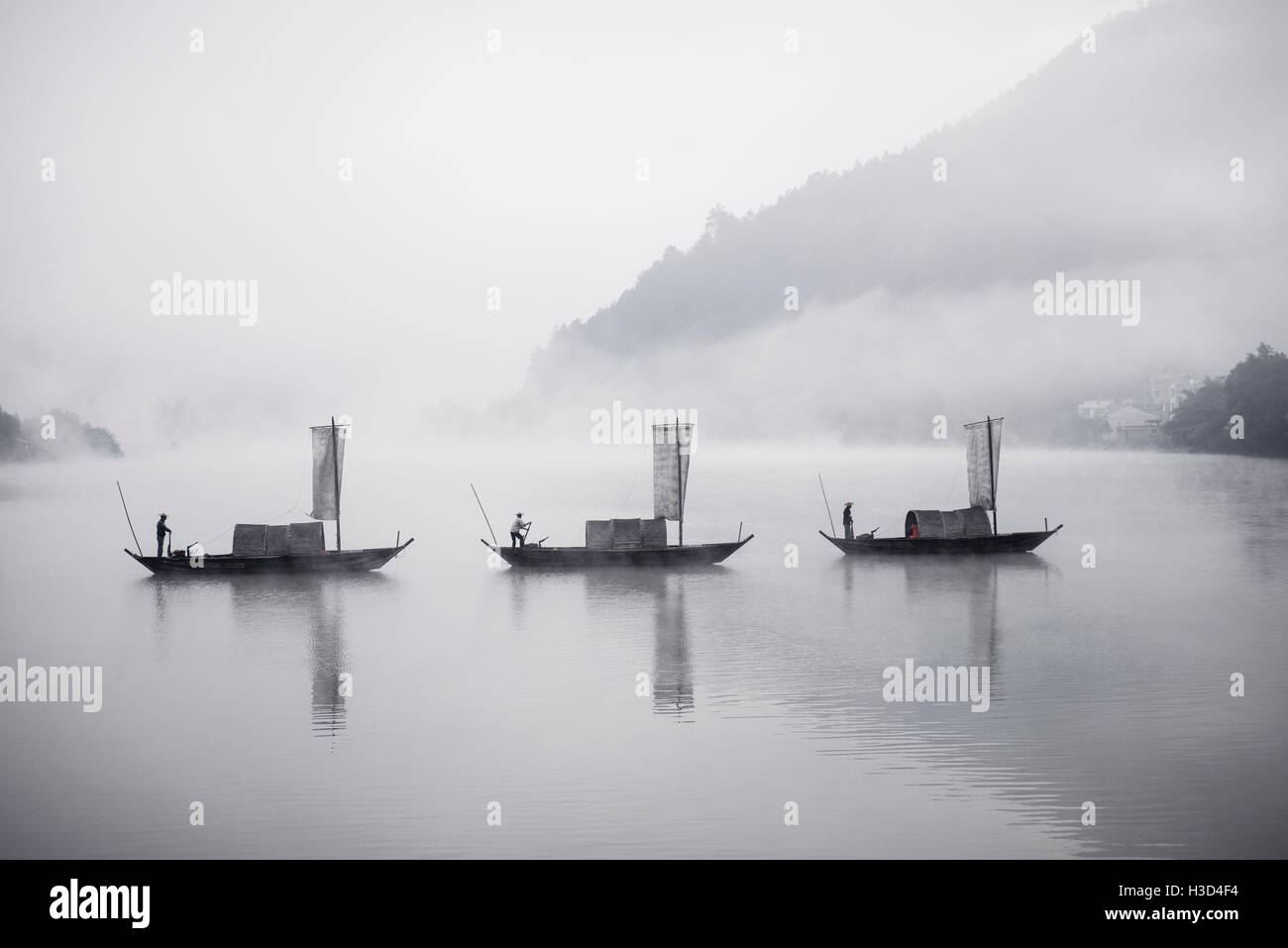 Men rowing traditional Chinese boats in lake during foggy weather Stock ...
