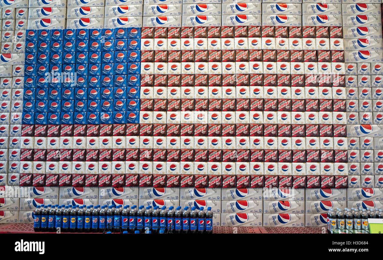 Patriotic American flag cleverly made from 12 packs of Mountain Dew ...