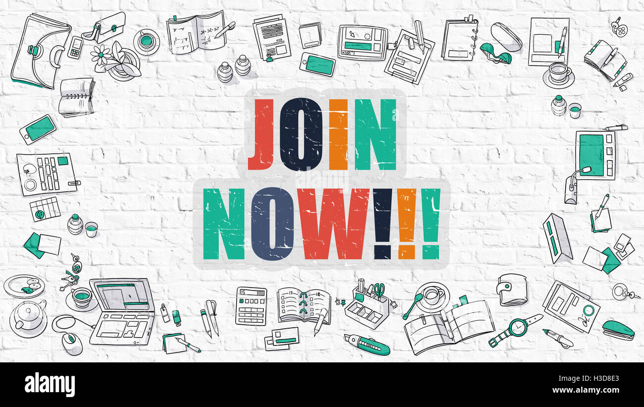 Join Now in Multicolor. Doodle Design Stock Photo - Alamy