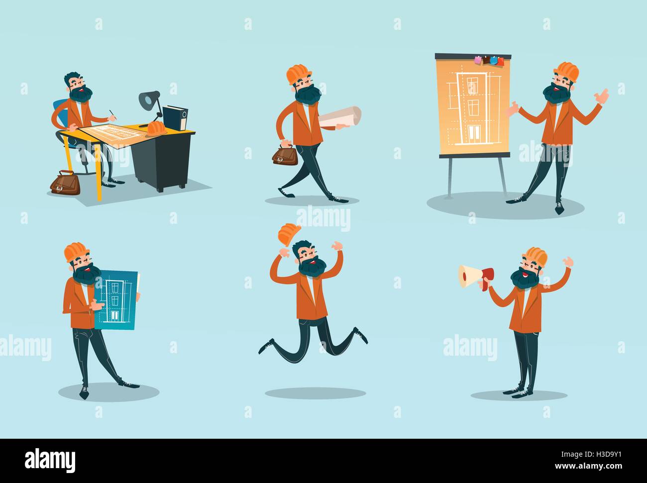 Builder Set Architect With Drawings Construction Stock Vector Image ...