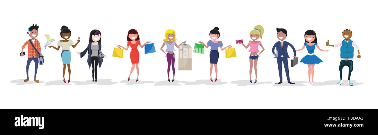 Different Diverse People Group Cartoon Characters Crowd Full Length ...
