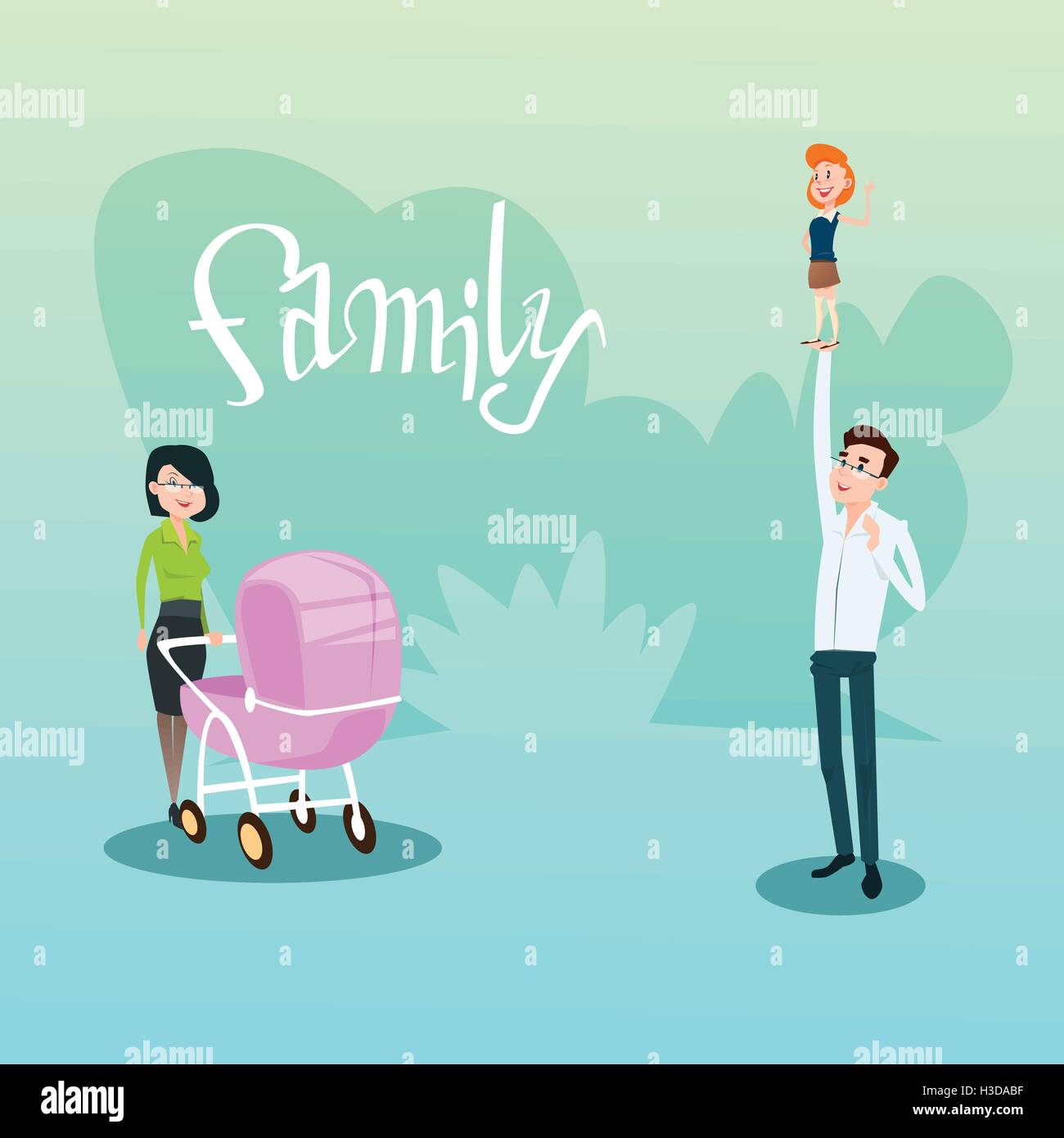Happy Family With Pram, Parents And Children Stock Vector Image & Art ...