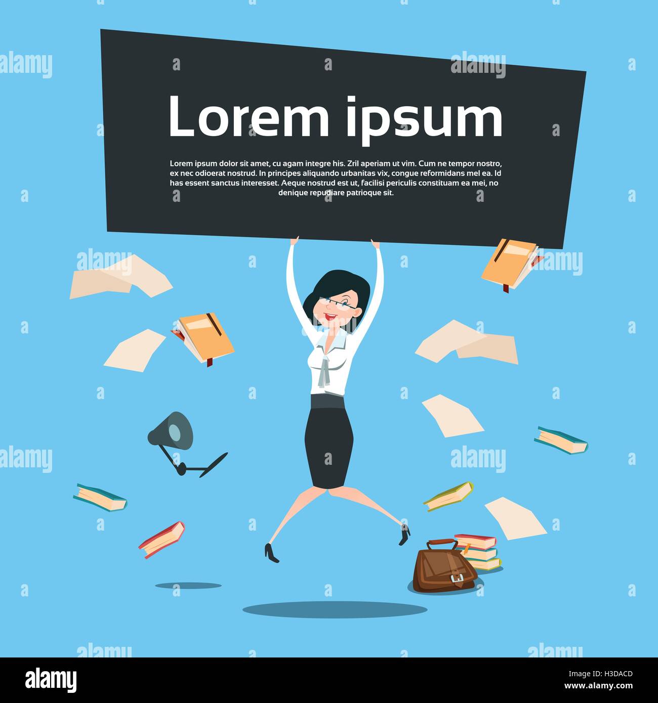 Happy Business Woman Excited Jump Hold Banner With Copy Space ...