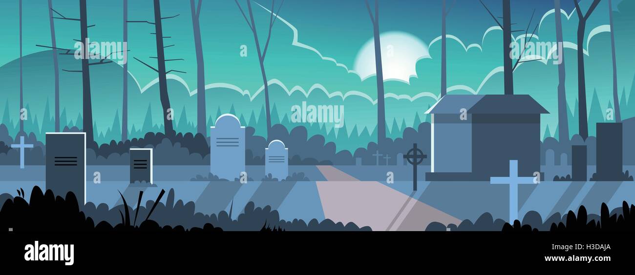 Halloween Banner Cemetery Graveyard Grave Stone Night Stock Vector ...