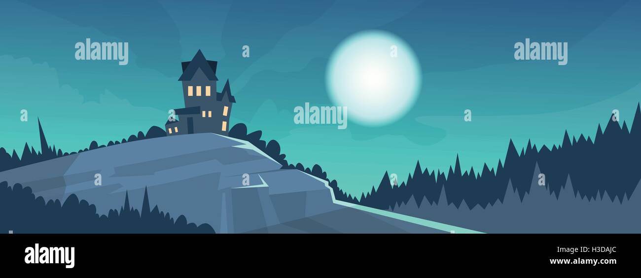 Gothic Castle View Night Moonlight Halloween Holiday Banner Stock ...