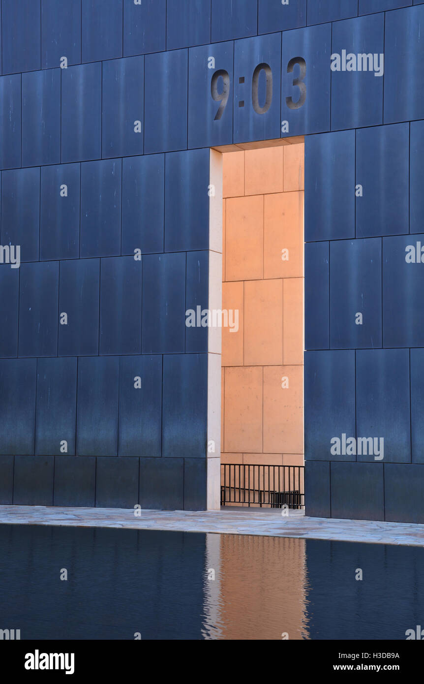 Two gates at the Oklahoma City National Memorial mark before (9:01) and ...