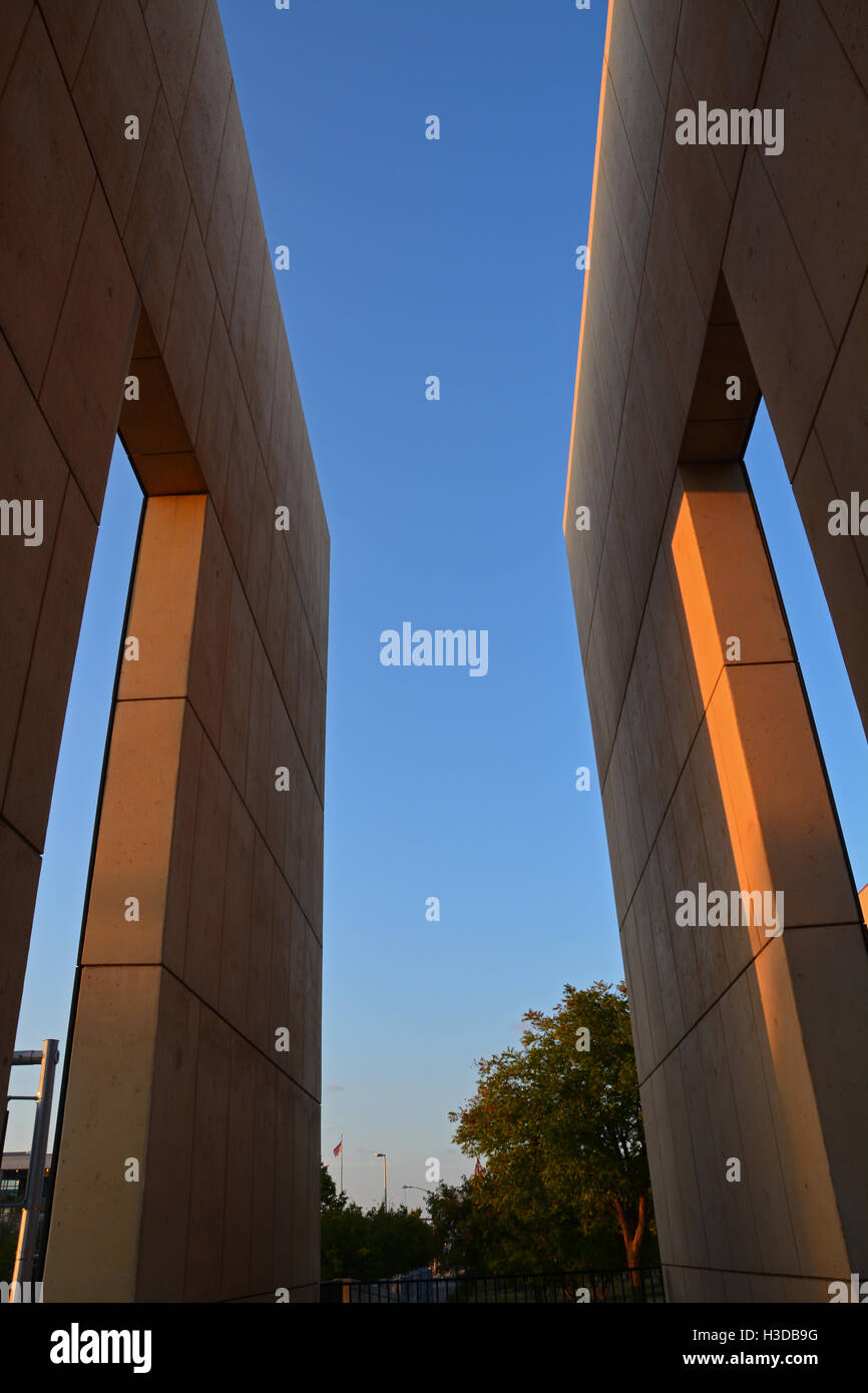 Two gates at the Oklahoma City National Memorial mark before (9:01) and ...