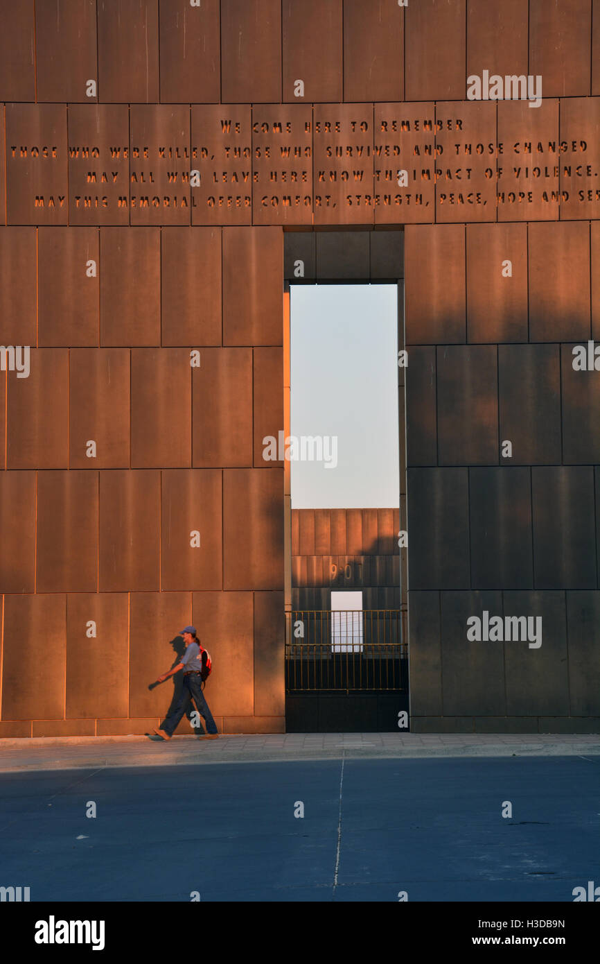 Two gates at the Oklahoma City National Memorial mark before (9:01) and ...