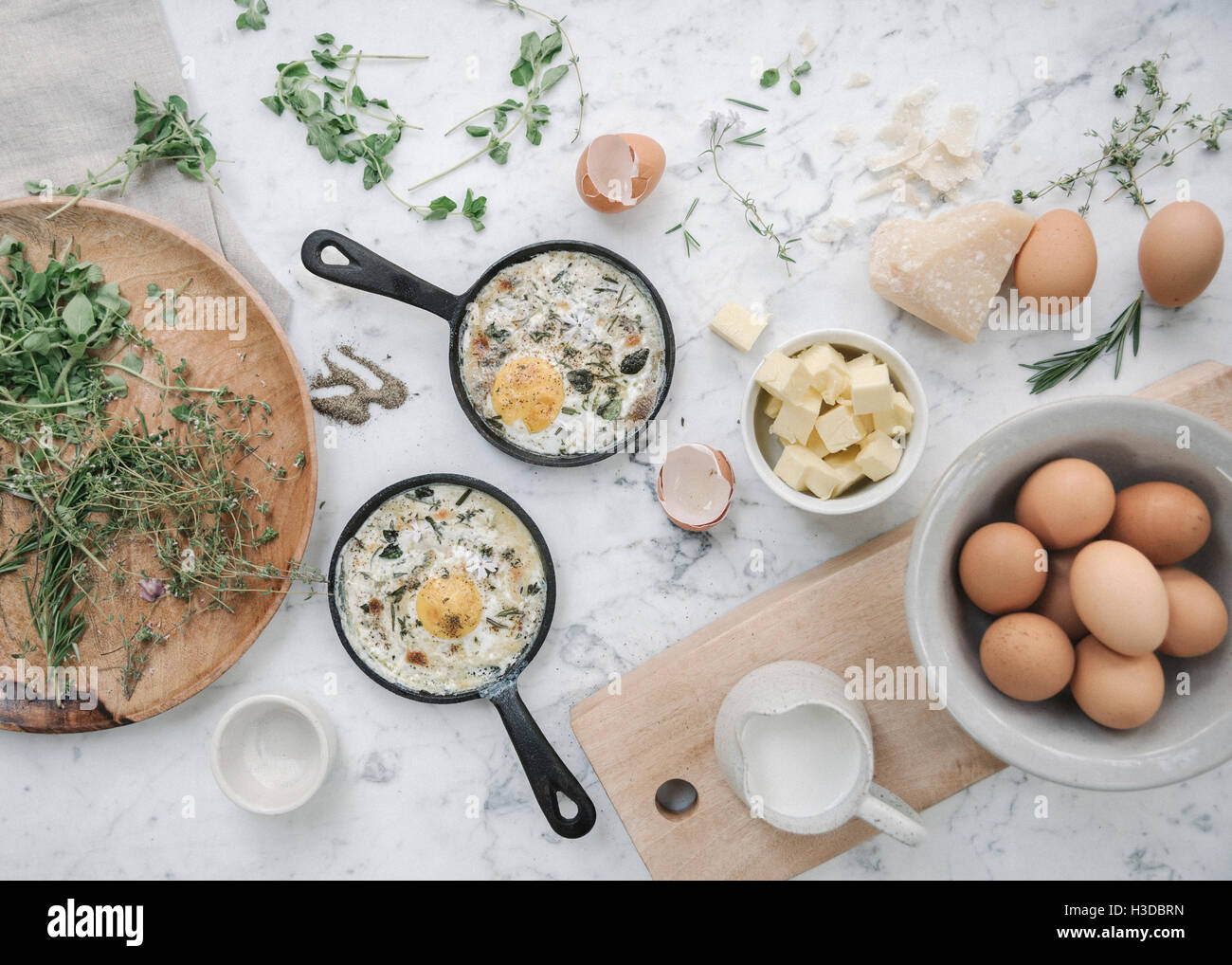 Overhead view of a table with food in dishes Stock Photo - Alamy