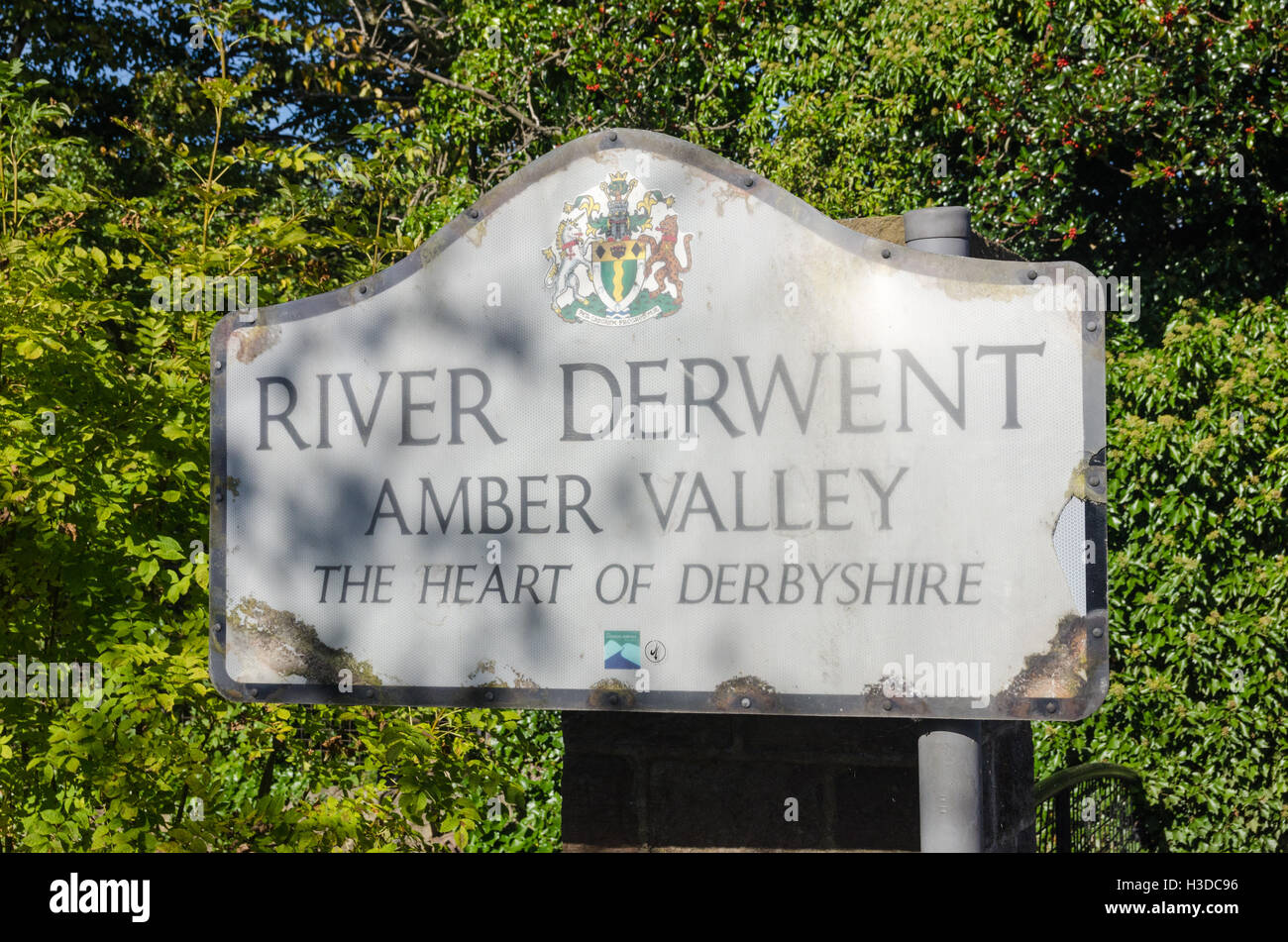 Sign for the River Derwent in the Amber Valley, Belper, Derbyshire ...