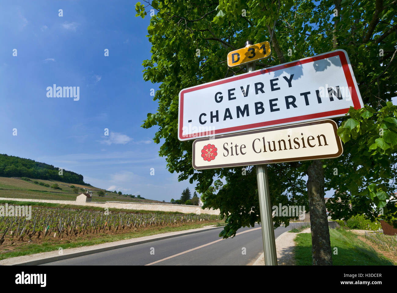 D31 Road sign at the boundary to renowned wine village Gevrey ...