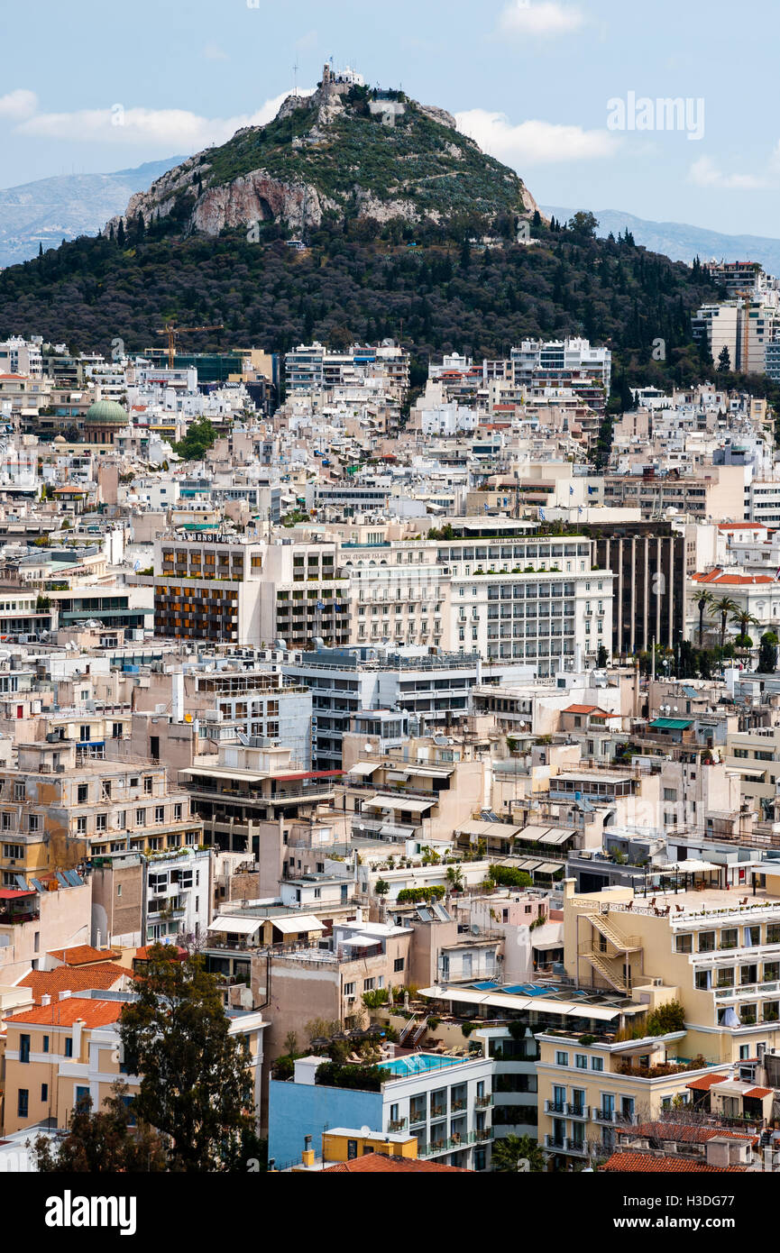 Greece, Athens. View of Athens from the famous Acropolis. Mount Lycabettus is the highest point ...