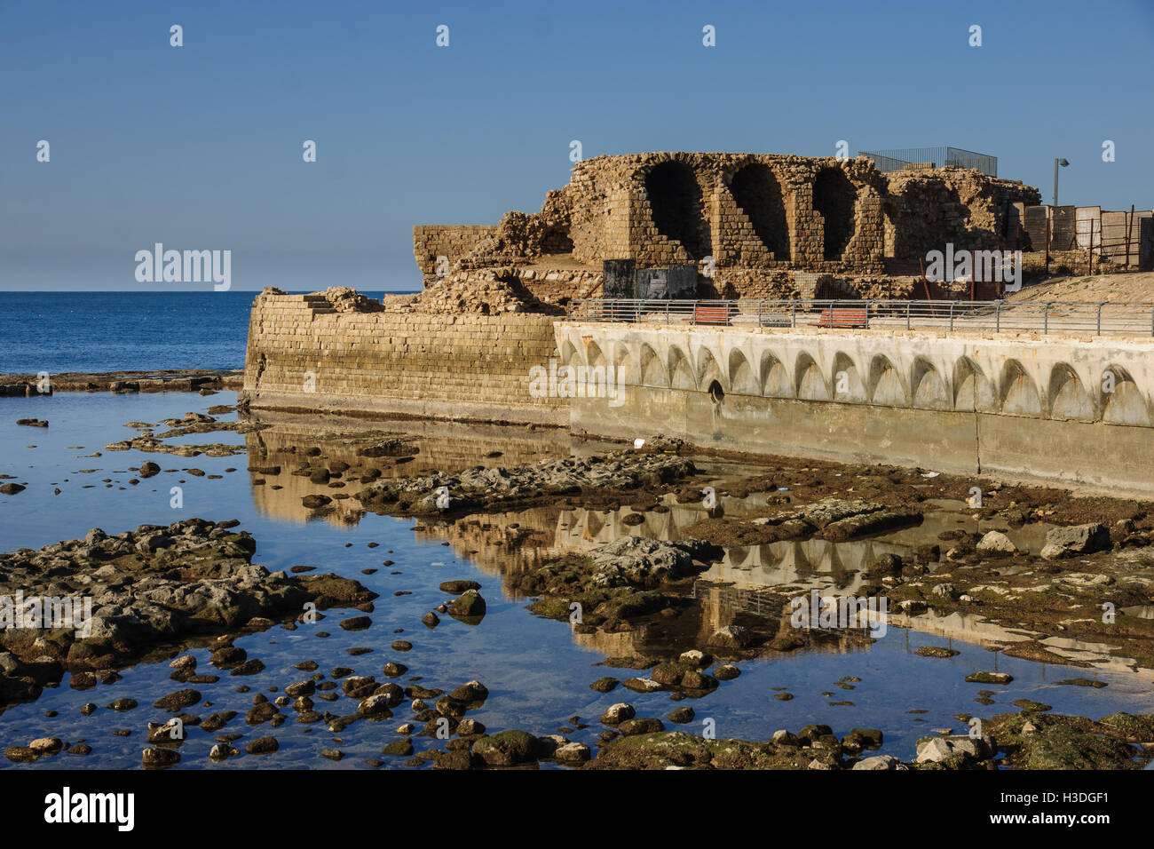 Remains of an old medieval harbor, in the old city of Acre, Israel ...