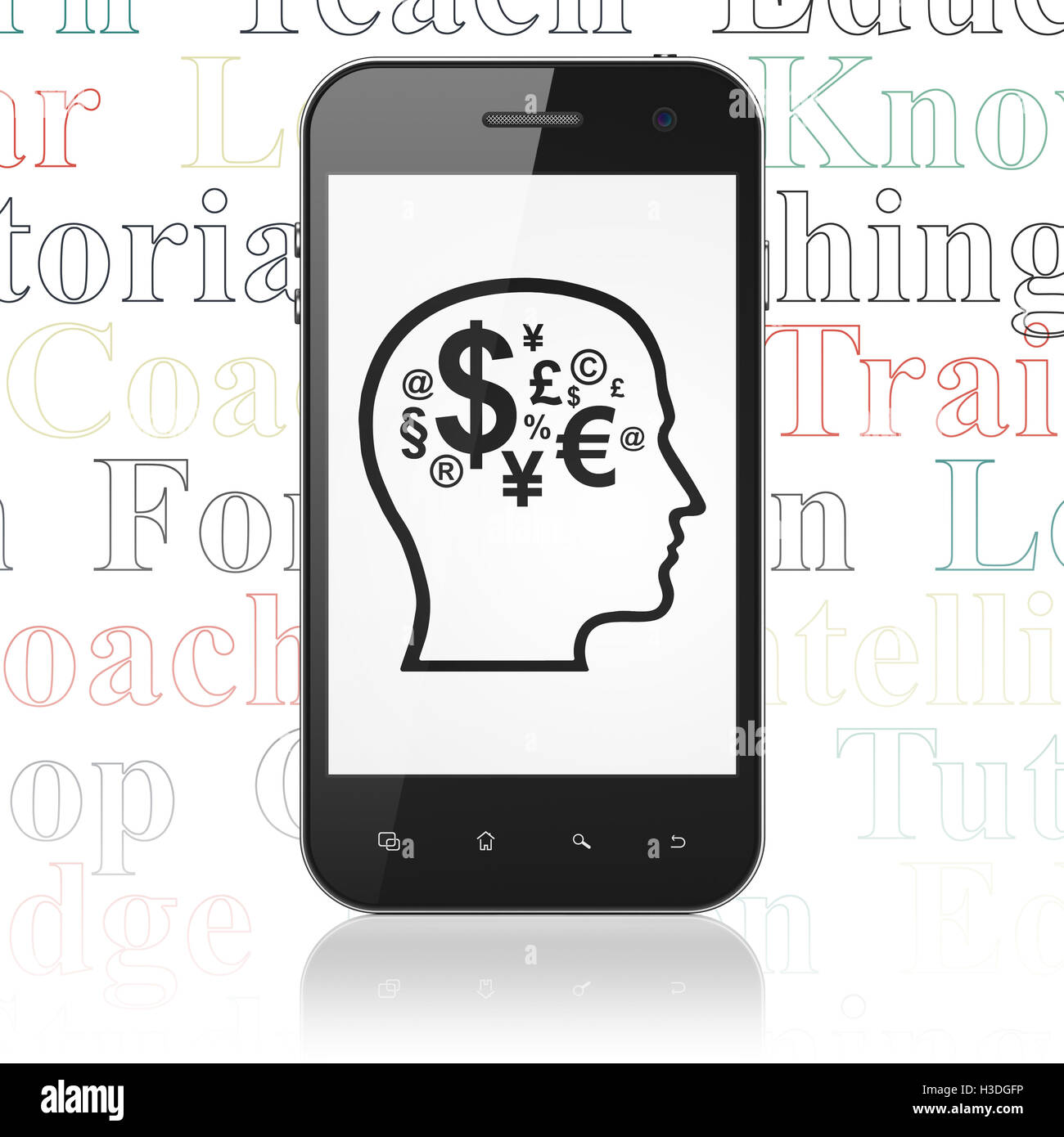 Learning concept: Smartphone with Head With Finance Symbol on display ...