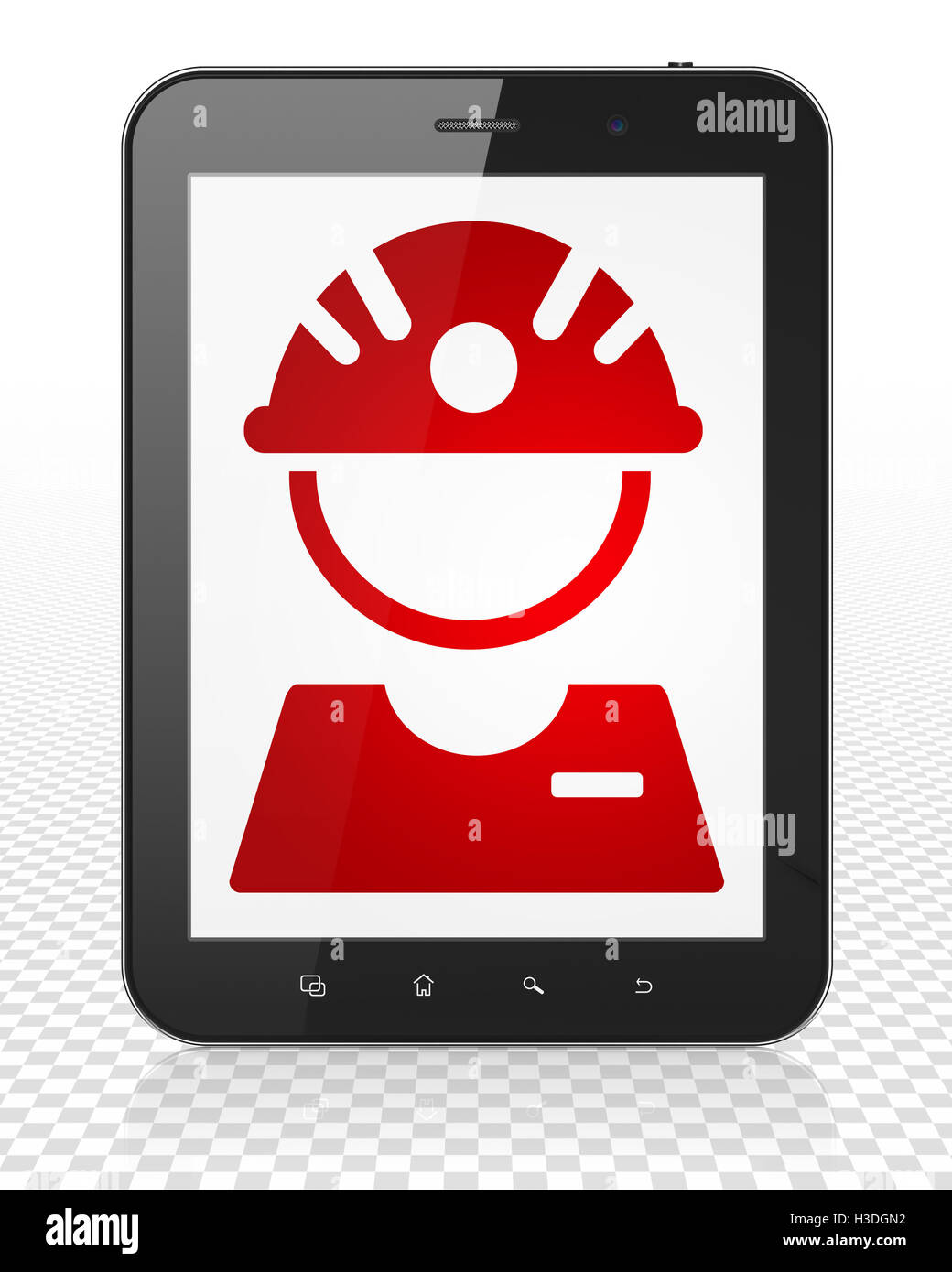 Manufacuring concept: Tablet Pc Computer with Factory Worker on display ...
