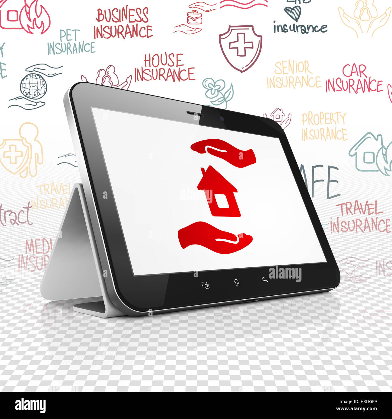 Insurance concept: Tablet Computer with House And Palm on display Stock ...