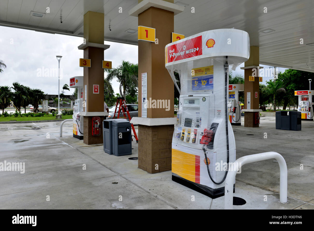 Miramar, FL, USA. 06th Oct, 2016. A gas station's pumps are wrapped and ...