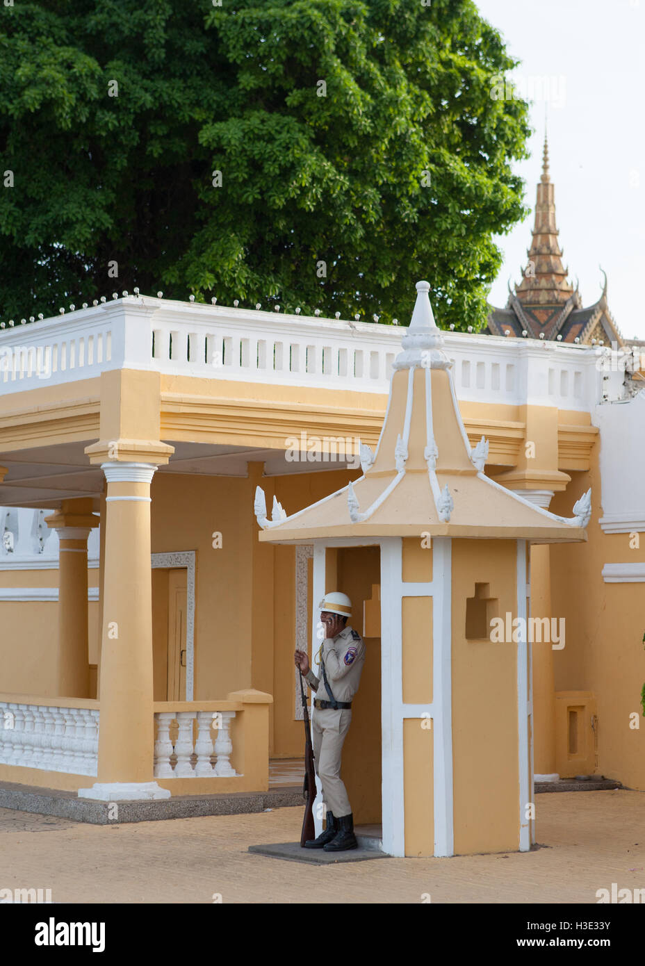 A palace guard using his mobile phone at his post outside the palace in ...