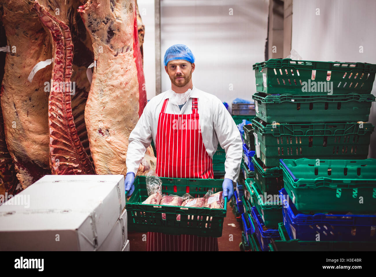 Portrait of butcher carrying a crate of red meat in storage room Stock ...