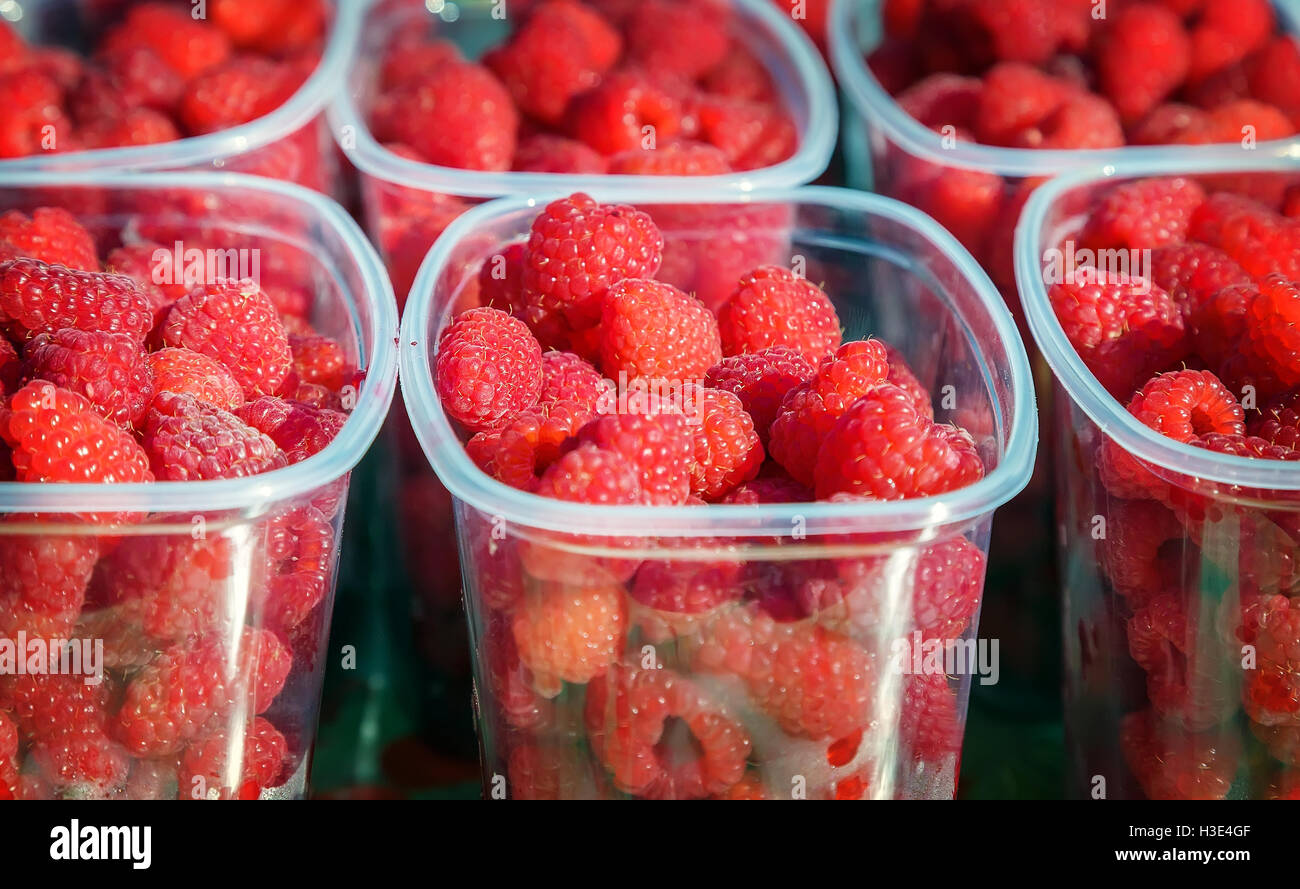 Ripe yellow and red raspberries in small containers for sale in the ...