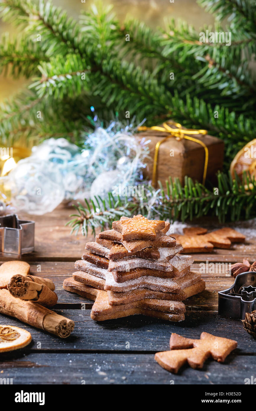 Stack of homemade Christmas shortbread star shape sugar cookies ...