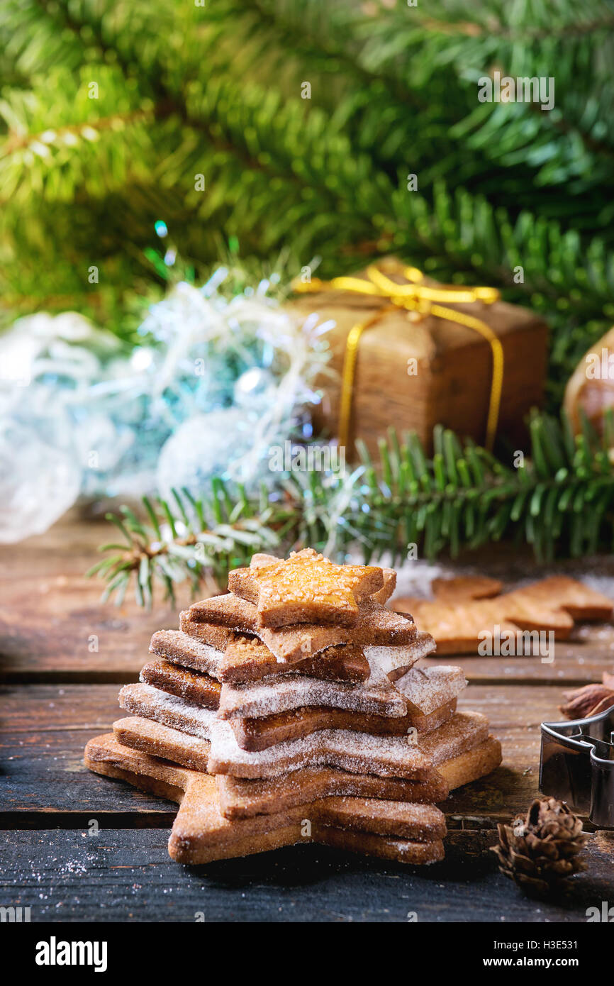 Stack of homemade Christmas shortbread star shape sugar cookies ...
