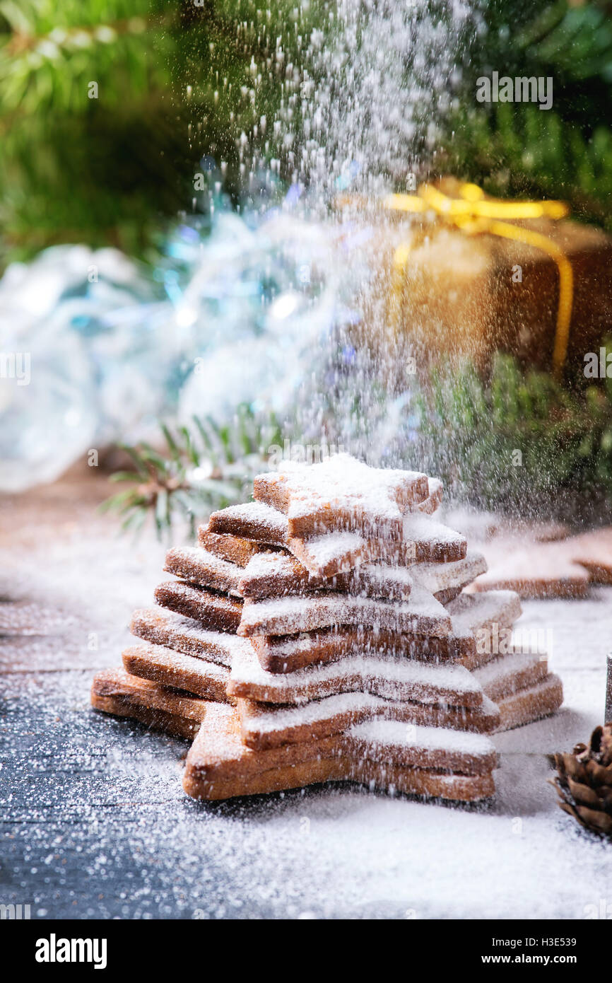 Stack of homemade Christmas shortbread star shape sugar cookies ...