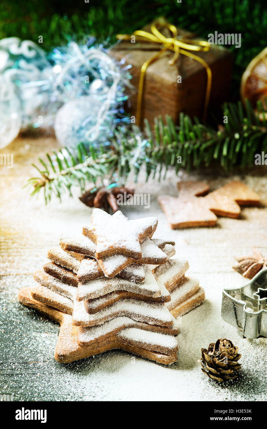 Stack of homemade Christmas shortbread star shape sugar cookies ...